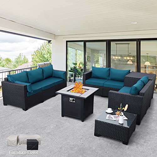 Outdoor Furniture Sets Fire Table 6 PCS Patio Furniture Set Gas Fire Pit Table with Outdoor Storage Box Glass Coffee Table and Waterproof Covers Anti-Slip Peacock Blue Cushions