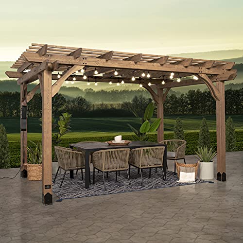 Backyard Discovery 14x10 Fairhaven Pergola, Rustic Finish, Nordic Spruce Lumber, Support Winds Up to 100 MPH, Powerport USB and Electrical Outlet, Backyard, Garden