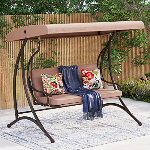 MFSTUDIO 3 Seat Patio Porch Swing, Outdoor Adjustable Canopy Swing Glider with Removable Cushion for Patio, Garden, Poolside, Balcony, Backyard (Beige)