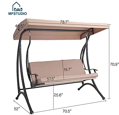 MFSTUDIO 3 Seat Patio Porch Swing, Outdoor Adjustable Canopy Swing Glider with Removable Cushion for Patio, Garden, Poolside, Balcony, Backyard (Beige)