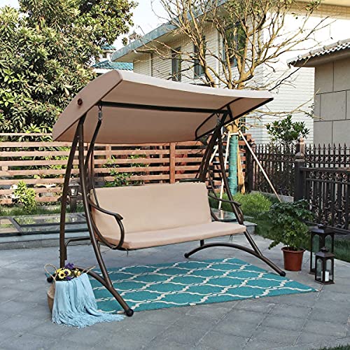 MFSTUDIO 3 Seat Patio Porch Swing, Outdoor Adjustable Canopy Swing Glider with Removable Cushion for Patio, Garden, Poolside, Balcony, Backyard (Beige)