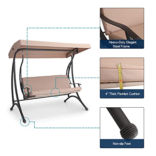 MFSTUDIO 3 Seat Patio Porch Swing, Outdoor Adjustable Canopy Swing Glider with Removable Cushion for Patio, Garden, Poolside, Balcony, Backyard (Beige)