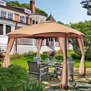 fab based 10×12 gazebo for patio, double vent canopy gazebo with privacy netting screen, outdoor heavy duty steel patio gazebo, waterproof and portable gazebo for deck backyard lawn and garden (khaki)