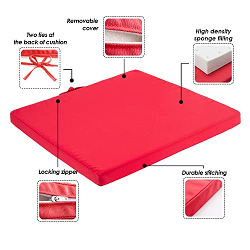 Uheng 6 Pack Patio Outdoor Chair Cushions with Ties, Seat Pads Mat, Waterproof Removable Cover, Comfort Memory Foam Nonslip for Garden Deck Picnic Beach Pool -18" X 18"(Red)