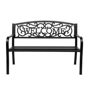 vingli 50″ patio outdoor metal welcome bench,powder coated cast iron steel for garden path yard lawn work entryway decor deck, black