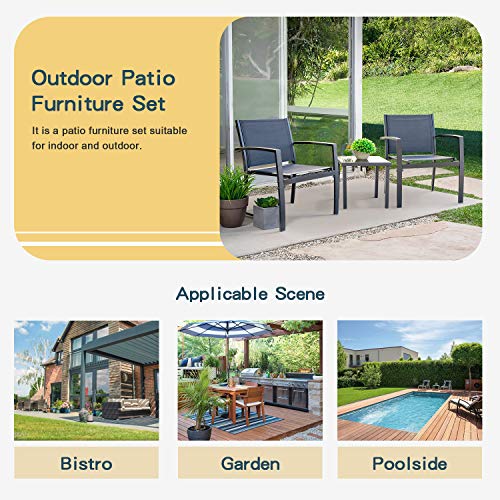 Homall 3 Pieces Patio Furniture Set Outdoor Patio Conversation Set Textilene Bistro Set Modern Porch Furniture Lawn Chairs with Coffee Table for Home, Lawn and Balcony (Black)