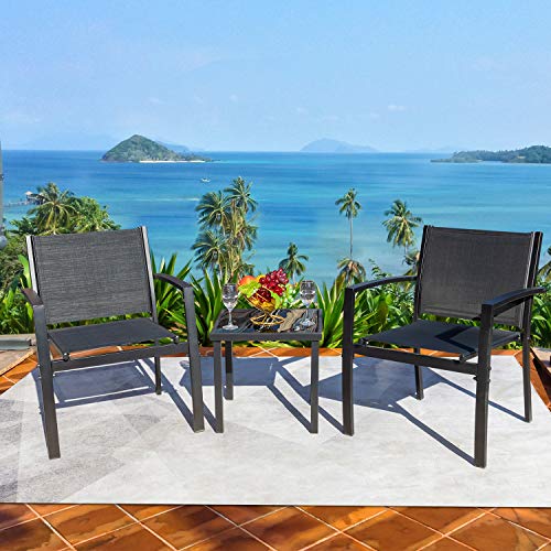 Homall 3 Pieces Patio Furniture Set Outdoor Patio Conversation Set Textilene Bistro Set Modern Porch Furniture Lawn Chairs with Coffee Table for Home, Lawn and Balcony (Black)