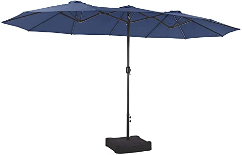 PHI VILLA 15ft Large Patio Umbrellas with Base Included, Outdoor Double-Sided Rectangle Market Umbrella with Crank Handle, for Pool Lawn Garden, Blue