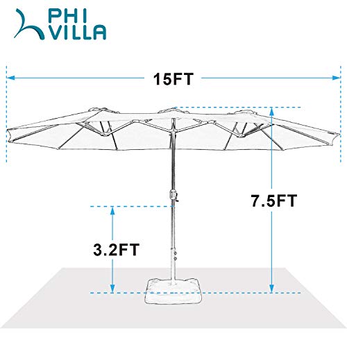 PHI VILLA 15ft Large Patio Umbrellas with Base Included, Outdoor Double-Sided Rectangle Market Umbrella with Crank Handle, for Pool Lawn Garden, Blue