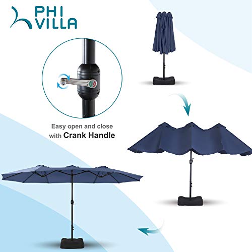 PHI VILLA 15ft Large Patio Umbrellas with Base Included, Outdoor Double-Sided Rectangle Market Umbrella with Crank Handle, for Pool Lawn Garden, Blue