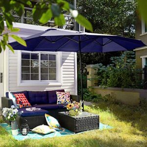 PHI VILLA 15ft Large Patio Umbrellas with Base Included, Outdoor Double-Sided Rectangle Market Umbrella with Crank Handle, for Pool Lawn Garden, Blue