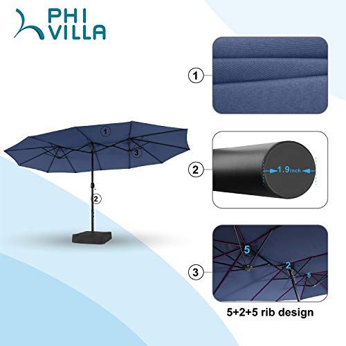 PHI VILLA 15ft Large Patio Umbrellas with Base Included, Outdoor Double-Sided Rectangle Market Umbrella with Crank Handle, for Pool Lawn Garden, Blue