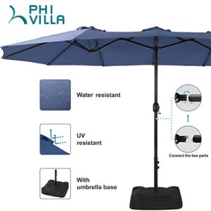 PHI VILLA 15ft Large Patio Umbrellas with Base Included, Outdoor Double-Sided Rectangle Market Umbrella with Crank Handle, for Pool Lawn Garden, Blue