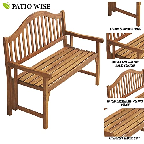 Patio Wise Foldable Acacia Wood Garden Bench, 4-Foot Indoor/Outdoor Wooden Porch, Patio, & Park Seating, Curved Backrest & Armrest, 48-Inches Wide x 24-3/4-Inches Deep x 41-Inches High, Teak Color