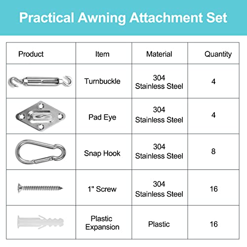 HOMPER M6 Awning Attachment Set, Heavy Duty Sun Shade Sail Stainless Steel Hardware Kit for Garden Triangle and Square, Rectangle, Sun Shade Sail Fixing Accessories