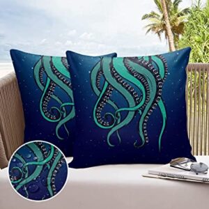 Outdoor Waterproof Throw Pillow Covers 2 Pack Square Pillowcases Underwater Octopus Tentacles Pillow Protectors Decorative Cushion Cases for Patio,Garden,16x16 Inch