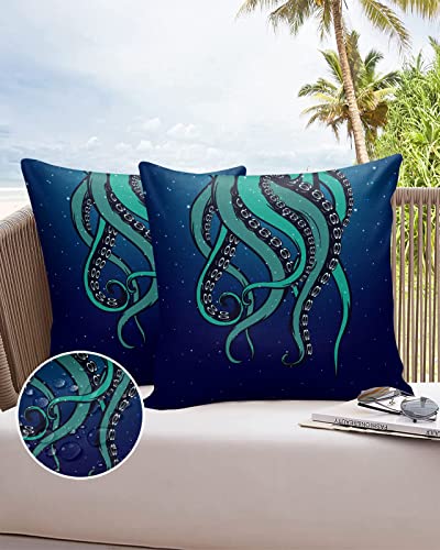 Outdoor Waterproof Throw Pillow Covers 2 Pack Square Pillowcases Underwater Octopus Tentacles Pillow Protectors Decorative Cushion Cases for Patio,Garden,16x16 Inch