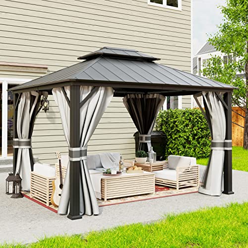 Amopatio 10' X 12' Hardtop Gazebo,Galvanized Steel Double Roof Permanent Aluminum Gazebos with Curtains & Mosquito Netting for Patio, Lawn and Garden,Grey