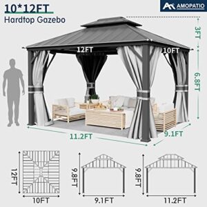 Amopatio 10' X 12' Hardtop Gazebo,Galvanized Steel Double Roof Permanent Aluminum Gazebos with Curtains & Mosquito Netting for Patio, Lawn and Garden,Grey