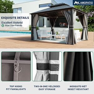 Amopatio 10' X 12' Hardtop Gazebo,Galvanized Steel Double Roof Permanent Aluminum Gazebos with Curtains & Mosquito Netting for Patio, Lawn and Garden,Grey