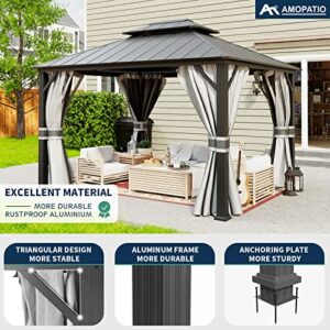 Amopatio 10' X 12' Hardtop Gazebo,Galvanized Steel Double Roof Permanent Aluminum Gazebos with Curtains & Mosquito Netting for Patio, Lawn and Garden,Grey