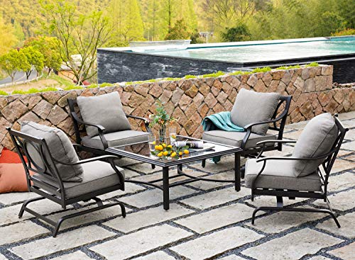 Grand patio 5 PCS Patio Conversation Set with Coffee Table Metal K/D Chat Set Rocking Patio Chair Set with Gray Water Resistant Cushions for Garden Lawn & Poolside