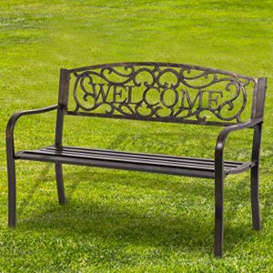 50″ patio garden outdoor bench w/welcoming vines decorative & armrest metal park bench antique bronze outside patio furniture for front porch, backyard, lawn, garden, pool, dec