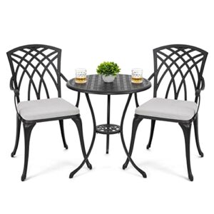 nuu garden 3 piece bistro table set cast aluminum outdoor patio furniture with umbrella hole and grey cushions for patio balcony, black with golden powder