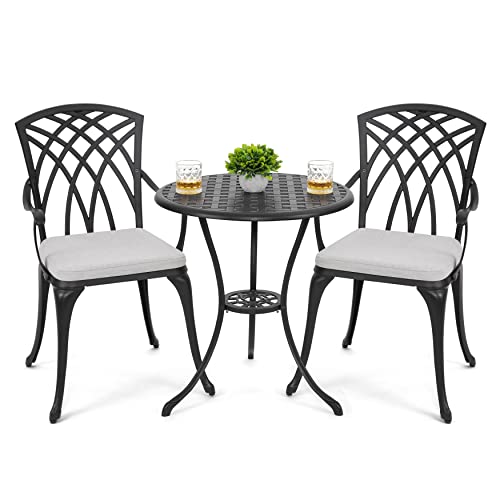 Nuu Garden 3 Piece Bistro Table Set Cast Aluminum Outdoor Patio Furniture with Umbrella Hole and Grey Cushions for Patio Balcony, Black with Golden Powder