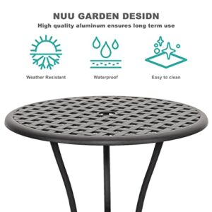 Nuu Garden 3 Piece Bistro Table Set Cast Aluminum Outdoor Patio Furniture with Umbrella Hole and Grey Cushions for Patio Balcony, Black with Golden Powder