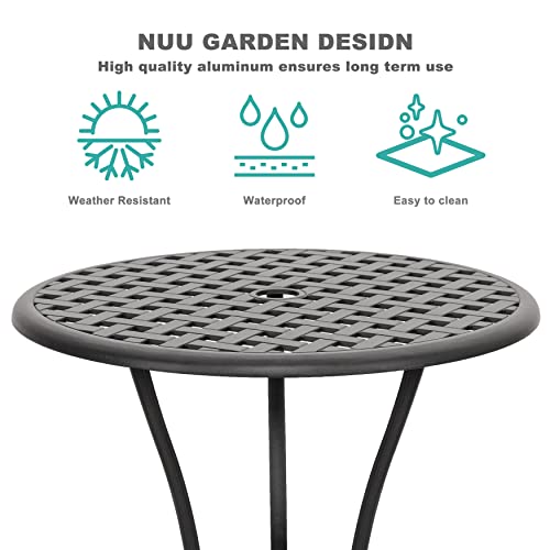 Nuu Garden 3 Piece Bistro Table Set Cast Aluminum Outdoor Patio Furniture with Umbrella Hole and Grey Cushions for Patio Balcony, Black with Golden Powder