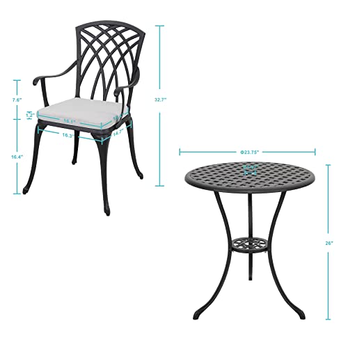 Nuu Garden 3 Piece Bistro Table Set Cast Aluminum Outdoor Patio Furniture with Umbrella Hole and Grey Cushions for Patio Balcony, Black with Golden Powder