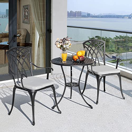 Nuu Garden 3 Piece Bistro Table Set Cast Aluminum Outdoor Patio Furniture with Umbrella Hole and Grey Cushions for Patio Balcony, Black with Golden Powder