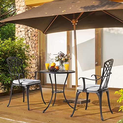 Nuu Garden 3 Piece Bistro Table Set Cast Aluminum Outdoor Patio Furniture with Umbrella Hole and Grey Cushions for Patio Balcony, Black with Golden Powder