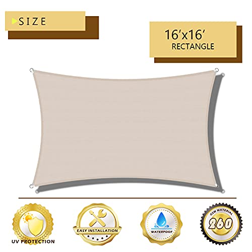 Coarbor Waterproof Sun Shade Sail Rectangle Perfect for Patio Outdoor Garden Custom Beige 16'x 16'