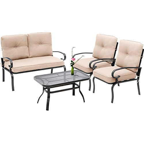 Crownland 4 Pieces Outdoor Furniture Patio Conversation Set (Loveseat, 2 Patio Dining Chairs, Coffee Table), Metal Frame is Suitable for Garden Yard Balcony (Brown)