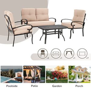 Crownland 4 Pieces Outdoor Furniture Patio Conversation Set (Loveseat, 2 Patio Dining Chairs, Coffee Table), Metal Frame is Suitable for Garden Yard Balcony (Brown)