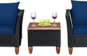 HAPPYGRILL 3 Pieces Patio Conversation Set PE Rattan Wicker Sofa Set with Cushions, Outdoor Furniture Set with Acacia Wood Coffee Table for Balcony Backyard Porch Garden