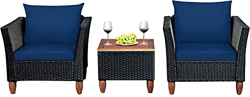 HAPPYGRILL 3 Pieces Patio Conversation Set PE Rattan Wicker Sofa Set with Cushions, Outdoor Furniture Set with Acacia Wood Coffee Table for Balcony Backyard Porch Garden