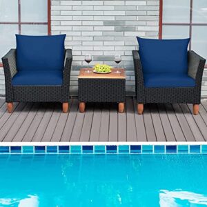 HAPPYGRILL 3 Pieces Patio Conversation Set PE Rattan Wicker Sofa Set with Cushions, Outdoor Furniture Set with Acacia Wood Coffee Table for Balcony Backyard Porch Garden