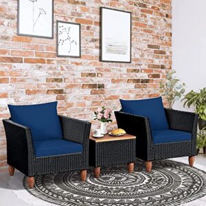 HAPPYGRILL 3 Pieces Patio Conversation Set PE Rattan Wicker Sofa Set with Cushions, Outdoor Furniture Set with Acacia Wood Coffee Table for Balcony Backyard Porch Garden