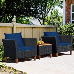 HAPPYGRILL 3 Pieces Patio Conversation Set PE Rattan Wicker Sofa Set with Cushions, Outdoor Furniture Set with Acacia Wood Coffee Table for Balcony Backyard Porch Garden