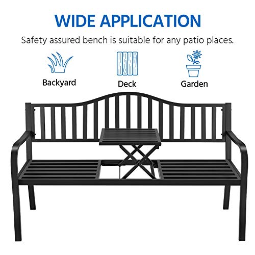 Yaheetech Outdoor Garden Bench w/Pullout Middle Table, Metal Patio Bench, Front Porch Bench for Backyard, Weather-Resistant Frame, Patio Seating for 2-3 Person, Black