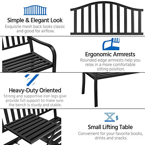 Yaheetech Outdoor Garden Bench w/Pullout Middle Table, Metal Patio Bench, Front Porch Bench for Backyard, Weather-Resistant Frame, Patio Seating for 2-3 Person, Black