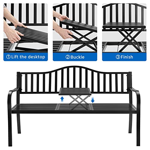 Yaheetech Outdoor Garden Bench w/Pullout Middle Table, Metal Patio Bench, Front Porch Bench for Backyard, Weather-Resistant Frame, Patio Seating for 2-3 Person, Black