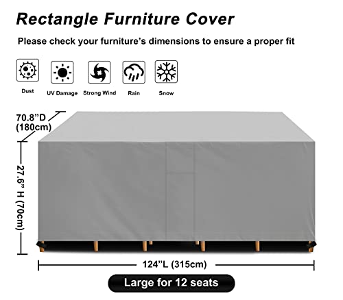 Outdoor Patio Furniture Cover, 420D Heavy Duty Waterproof UV-Resistant Snow Protection Patio Couch Cover for 9-13 Piece Rectangular/Oval Dining Tables, 124" L X 70" W X 27" H