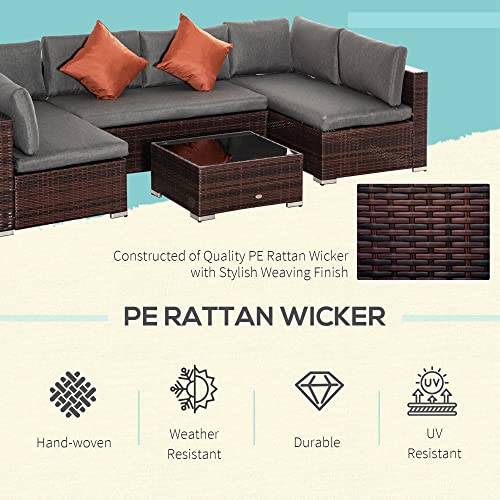 Outsunny 4-Piece Patio Furniture Sets Outdoor Wicker Conversation Set PE Rattan Sectional Sofa Set with Tempered Glass Coffee Table and Cushions for Backyard and Garden, Brown