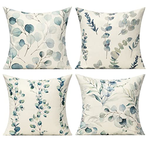 WOKANI Leaf Eucalyptus Throw Pillow Covers Outdoor 20x20 Set of 4 Sage Green Plants Spring Summer Patio Furniture Cushion Cases Decorative Home Decor for Bench Couch Sofa Porch