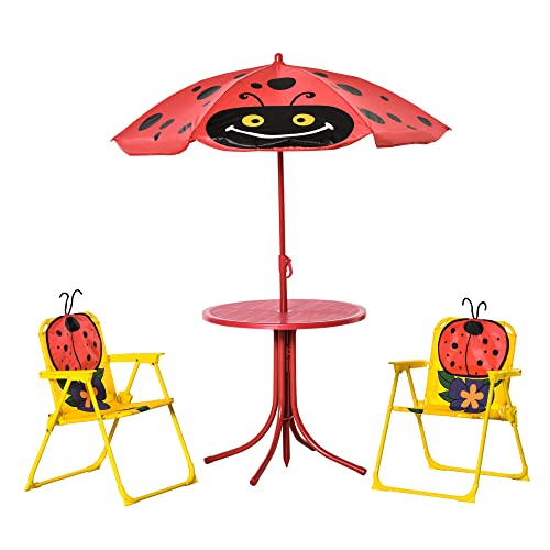 Outsunny Kids Table and Chair Set, Outdoor Folding Garden Furniture, Picnic Table for Patio Backyard, with Ladybug Pattern, Removable & Height Adjustable Sun Umbrella, Aged 3-6 Years Old, Red