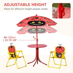 Outsunny Kids Table and Chair Set, Outdoor Folding Garden Furniture, Picnic Table for Patio Backyard, with Ladybug Pattern, Removable & Height Adjustable Sun Umbrella, Aged 3-6 Years Old, Red